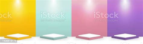노란색 녹색 분홍색 보라색 사각형 무대 연단 최소 스타일의 장면 배경 세트 제품 디스플레이 광고 쇼 베이스 파스텔 색상 배경의 승자를위한 받침대 벡터 일러스트레이션 연단에