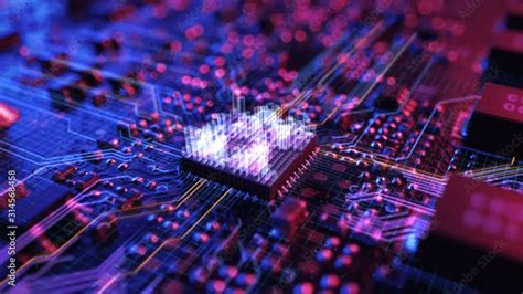 Neon Theme Visualization Of Circuit Board CPU Processor Starting Digitalization Process And