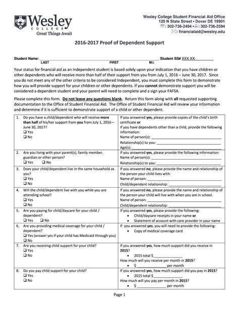Fillable Online Wesley Proof Of Dependent Worksheet Wesley College