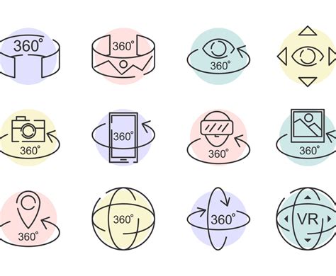 360 virtual tour line icon set vector art and graphics