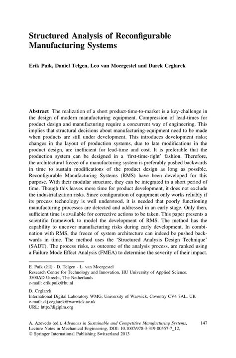 Pdf Structured Analysis Of Reconfigurable Manufacturing Systems