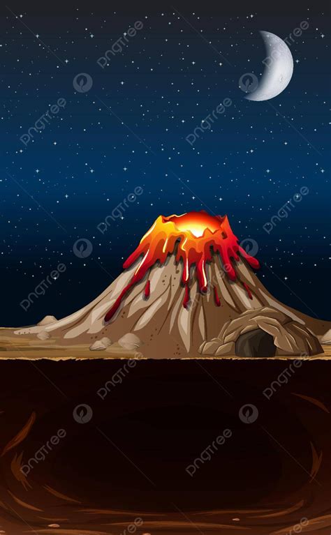 Volcano Eruption In Nature Scene At Night Explosion Hill Pebble Vector Explosion Hill Pebble
