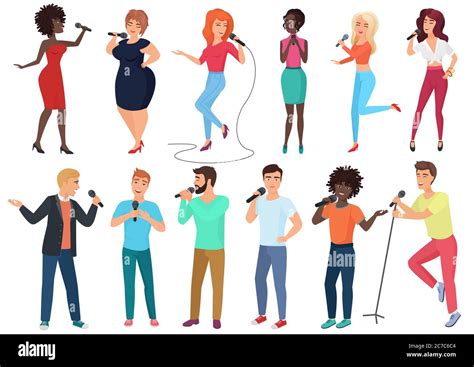 Vector Cartoon Singers With Microphones And Musicians Set Isolated