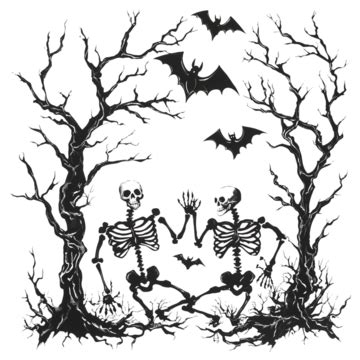 Spooky Halloween Drawing With Skeletons And Bats Halloween Drawing