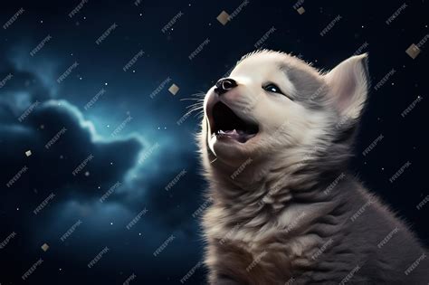 Premium Photo A Husky Pup Howling Under A Crescent Moon