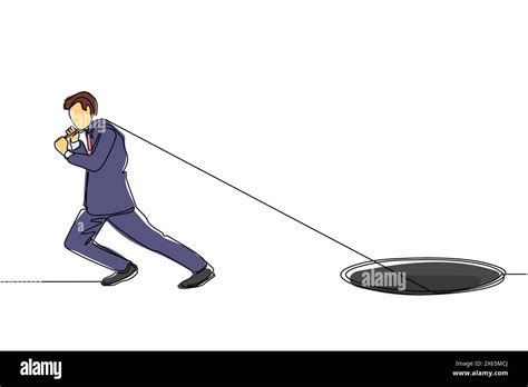 Single Continuous Line Drawing Businessman Trying Hard Pulling Rope To