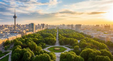 Panoramic Cityscape At Sunset With Lush Green Park And Distant Tower