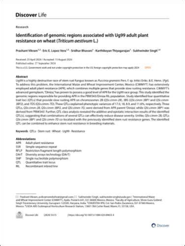 Identification Of Genomic Regions Associated With Ug99 Adult Plant