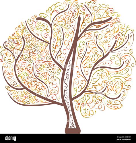 Isolated Illustration With Abstract Autumn Tree Drawing In Contour Line