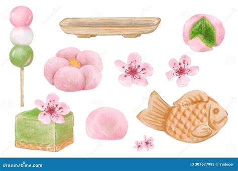 Set Of Hanami Season Desserts Japanese Traditional Cuisine Dishes