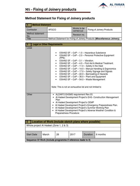 Method Statement Miscellaneous Joinery Pdf Plywood Personal