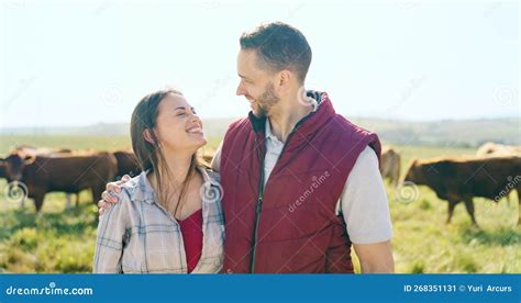 Cow Love And Happy Couple On A Cattle Farm Hugging Bonding And Enjoy