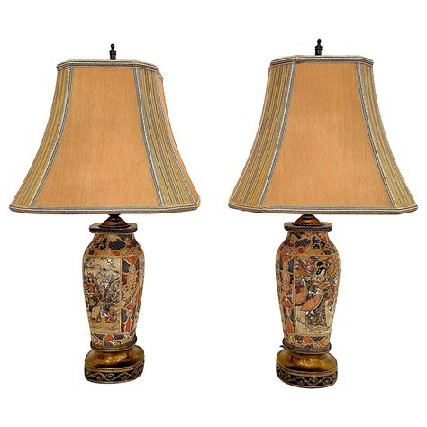 Pair Antique Japanese Satsuma Porcelain Lamps And Shades Circa 1890