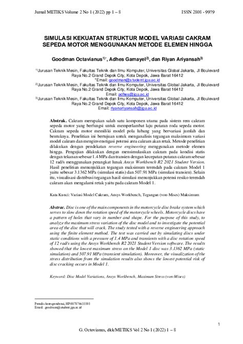 Pdf Simulasi Kekuatan Struktur Model Variasi Cakram Sepeda Motor