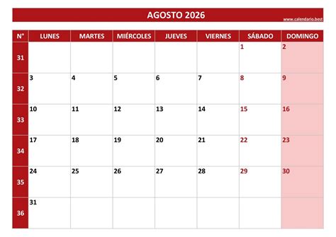 Calendario De Agosto De 2026 Para Imprimir Pdf Y 