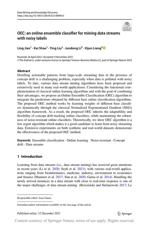 Oec An Online Ensemble Classifier For Mining Data Streams With Noisy