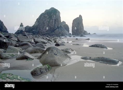 Portuguese Remote Rocky Beach Praia Da Ursa Bear Beach During Low