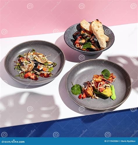 Restaurant Food Seafood Plate Assortment With Shrimp And Vegetable