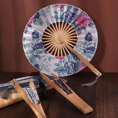 Art Hand Fans Round Folding Hand Fan Bamboo Handle Elegant Windmill Fan
