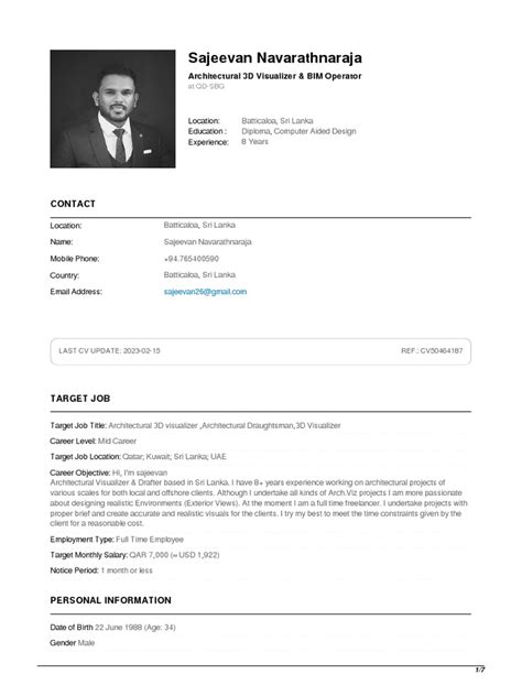 Cv50464187 Sajeevan Navarathnaraja Architectural 3d Visualizer Pdf 3 D Computer Graphics