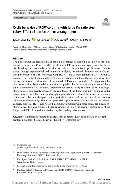 Cyclic Behavior Of Rcft Columns With Large D T Ratio Steel Tubes Effect Of Reinforcement