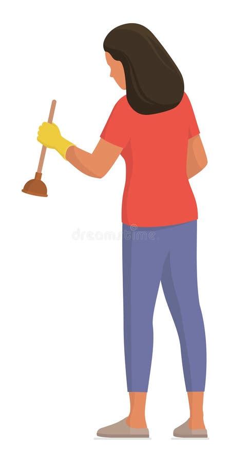 Woman Using A Plunger Back View Stock Vector Illustration Of Water Unclogging 332622536