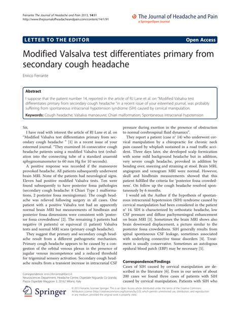 Pdf Modified Valsalva Test Differentiates Primary From Secondary Cough Headache