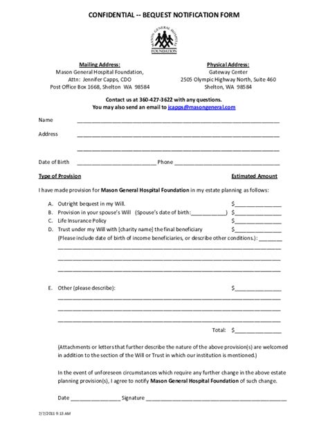 Fillable Online Confidential Bequest Notification Form Fax Email Print Pdffiller