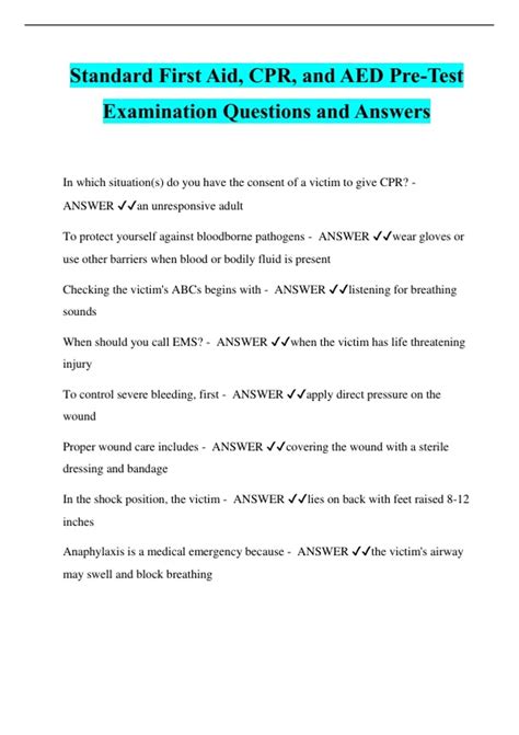 Standard First Aid Cpr And Aed Pre Test Examination Questions And