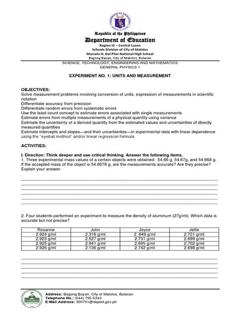 Experiment No. 1 | PDF | Uncertainty | Measurement