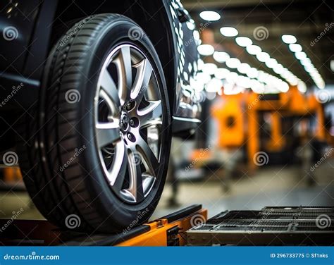 New Car On The Assembly Line During Wheel Alignment Close Up Automobile With All Season Tires
