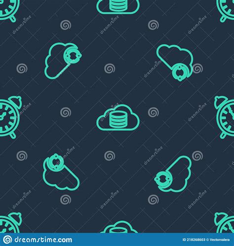 Set Line Cloud Database Sync Refresh And Alarm Clock On Seamless Pattern Vector Stock Vector