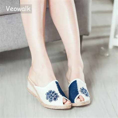 Veowalk 수제 여성 리넨 코튼 웨지 슬라이드 슬리퍼 편안한 6cm 힐 관음증 발가락 Espadrilles 슬라이더 여름 숙녀 신발슬리퍼 Aliexpress