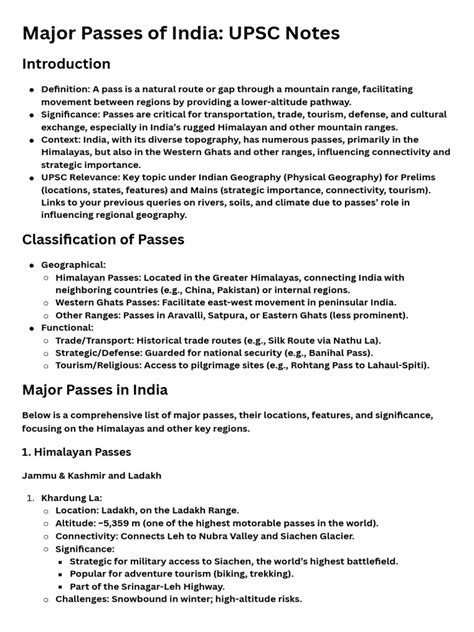 Major Passes Of India Upsc Notes Pdf Himalayas Earth Sciences