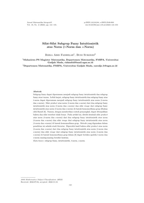 Pdf Sifat Sifat Subgrup Fuzzy Intuitionistik Atas Norm T Norm Dan S