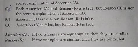 Assertion And Reasoning Question Assertion A If Two Triangles Are Equ