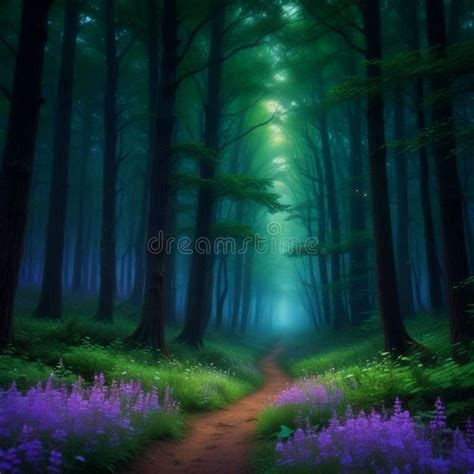 A Path Winding Through A Dense Dark Green Forest With Tall Trees Stock