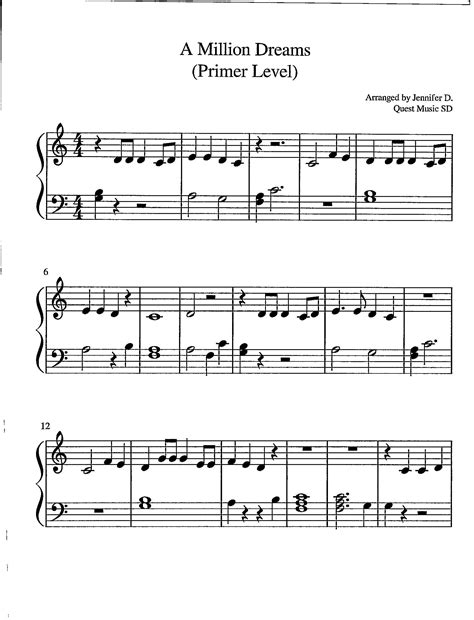 A Million Dreams Digital Easy Primer Level Piano Solo Key Of C