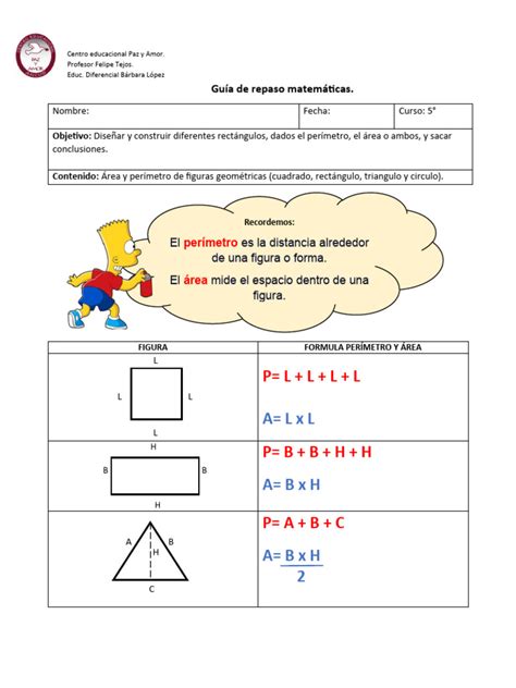 Guía Matemática Área Y Perímetro 5° Pdf Matemática Elemental