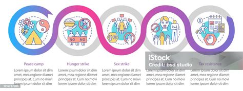 평화로운 항의 벡터 인포 그래픽 템플릿입니다 비즈니스 프리젠 테이션 디자인 요소 5단계 와 옵션을 갖춘 데이터 시각화 프로세스 타임 라인 차트 선형 아이콘이 있는 워크플로