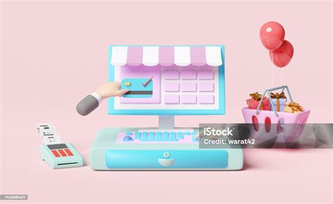 Pos 터미널이 있는 금전 등록기 기계 전자 청구서 지불 송장 또는 종이 수표 영수증 사업가 손 쇼핑 바구니 분홍색 배경에