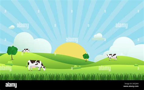 Meadow Landscape With Cow Eating Grass Vector Illustrationgreen Field And Sky Blue And Sun