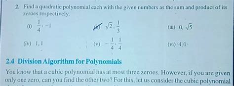 2 find a quadratic polynomial each with the given numbers as the sum and