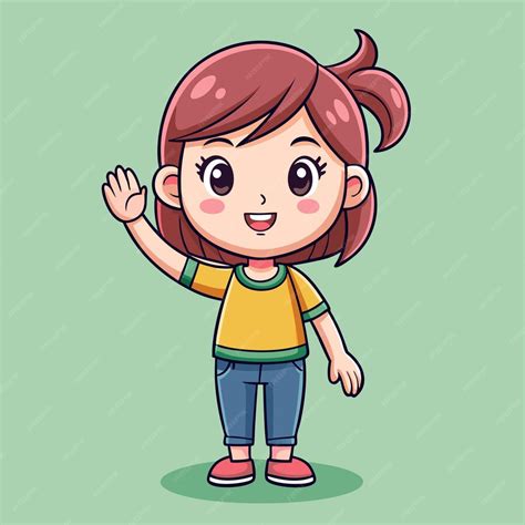 Fun Girl Waving Hello Cartoon Vector Illustration Premium Ai