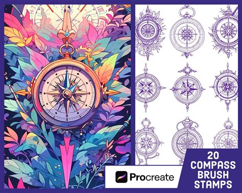20 Compass Stamp Brushes For Procreate Tattoo Illustration Brush Pack