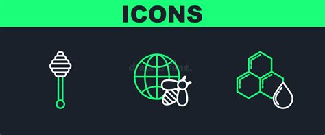 Set Line Honeycomb Dipper Stick And Map Of The World And Bee Icon