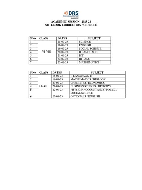 Notebook Correction Schedule Vi Xii Pdf