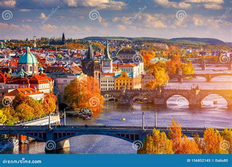Autumn View To Charles Bridge On Vltava River In Prague Czech Republic