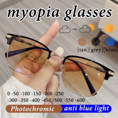 3 In1 Photochromic Myopia Glasses Fashion Square Half Frame Myopia Glasses For Men Anti Blue