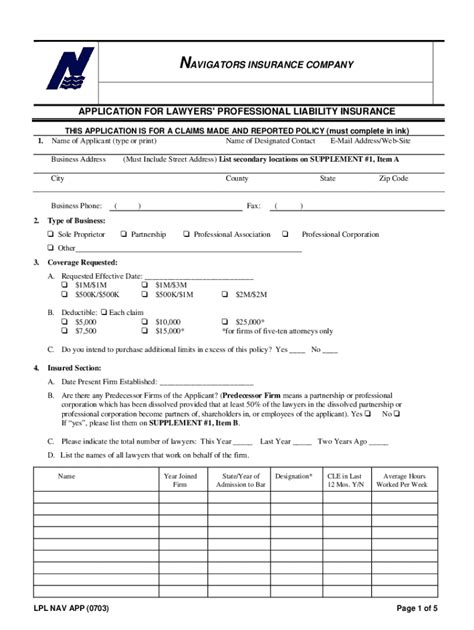 Fillable Online Navigators Insurance Company Application For Btis
